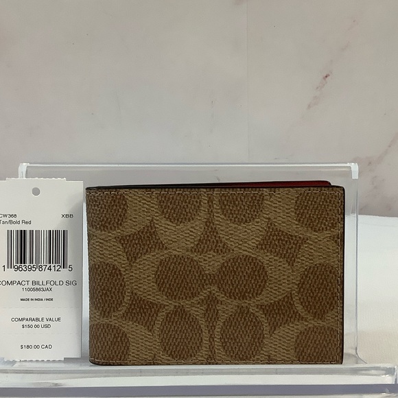 Coach | Accessories | Nwt Compact Billfold Signature Tan And Red | Poshmark